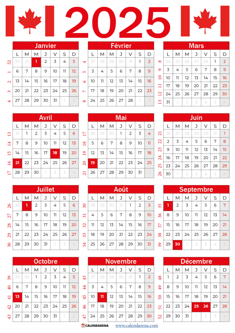 Calendrier 2025 Gratuit à Imprimer Québec | Calendrier 2025